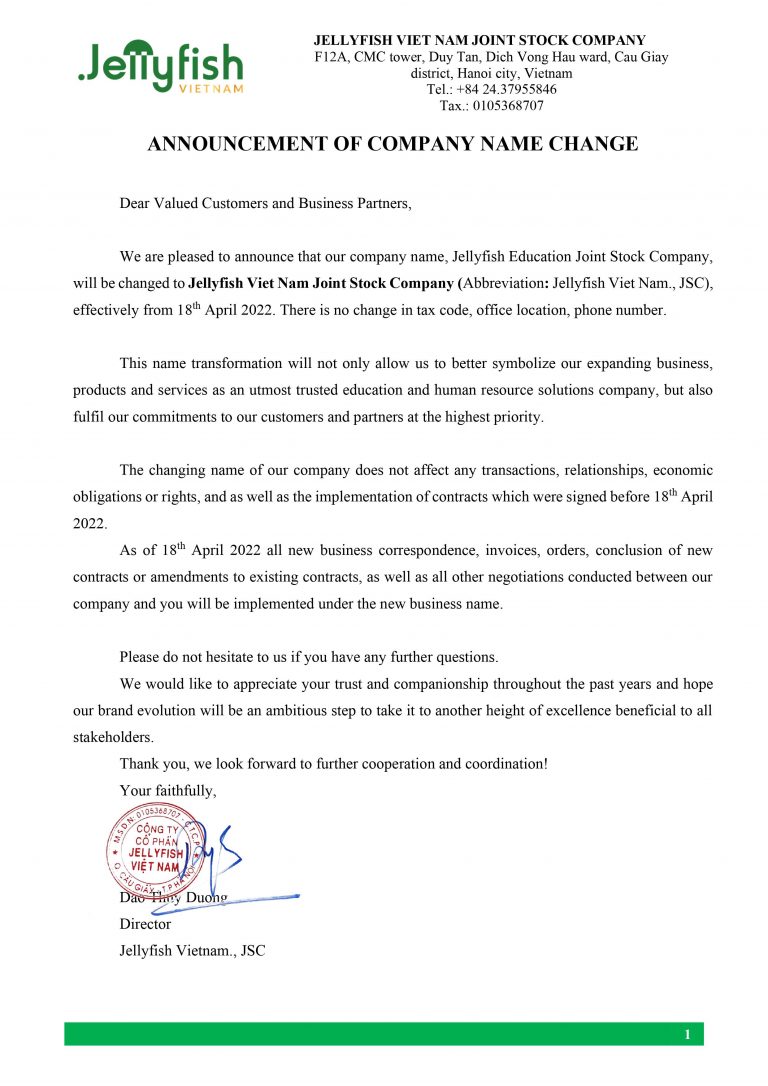 ANNOUNCEMENT OF COMPANY NAME CHANGE - Jellyfish Vietnam